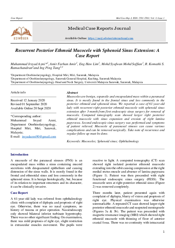 (PDF) Recurrent Posterior Ethmoid Mucocele with Sphenoid Sinus ...