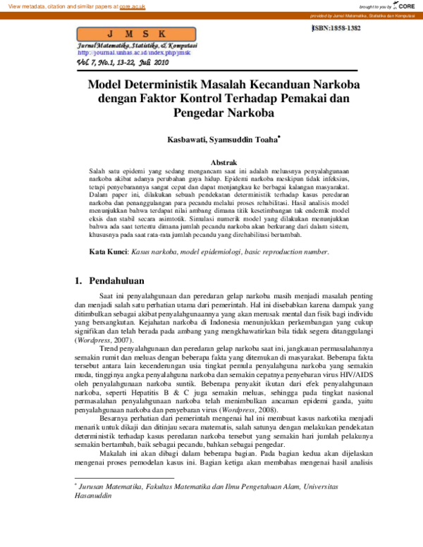 (PDF) Model Deterministik Masalah Kecanduan Narkoba dengan Faktor Kontrol Terhadap Pemakai dan ...