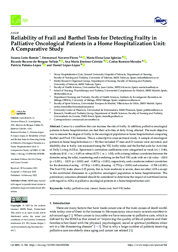 (PDF) Reliability of Frail and Barthel Tests for Detecting Frailty in ...
