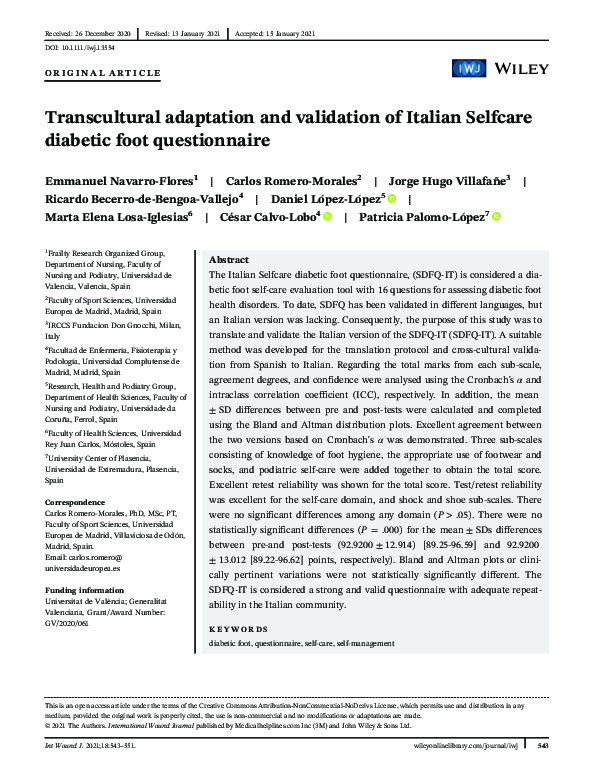 Pdf Transcultural Adaptation And Validation Of Italian Selfcare Diabetic Foot Questionnaire