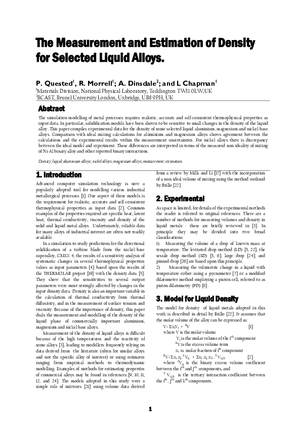 (PDF) The Measurement and Estimation of Density for Selected Liquid Alloys