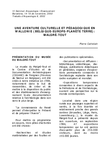 (PDF) Une aventure culturelle et pédagogique en Wallonie (Belgique ...
