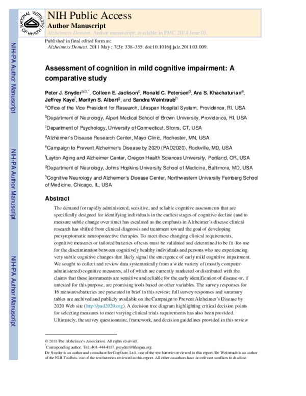 (PDF) Assessment of cognition in mild cognitive impairment: A ...