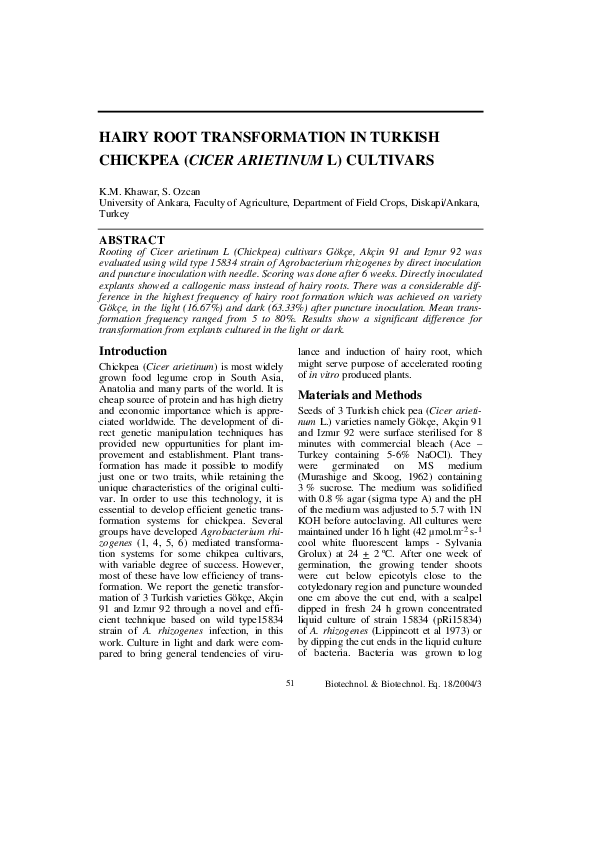 (PDF) Hairy Root Transformation in Turkish Chickpea (Cicer ArietinumL ...