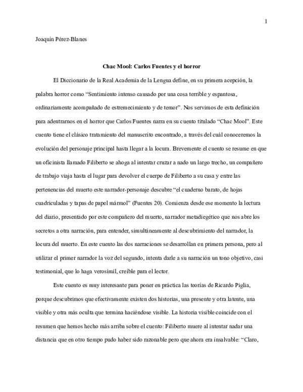 (PDF) Joaquín Pérez-Blanes Chac Mool: Carlos Fuentes y el horror