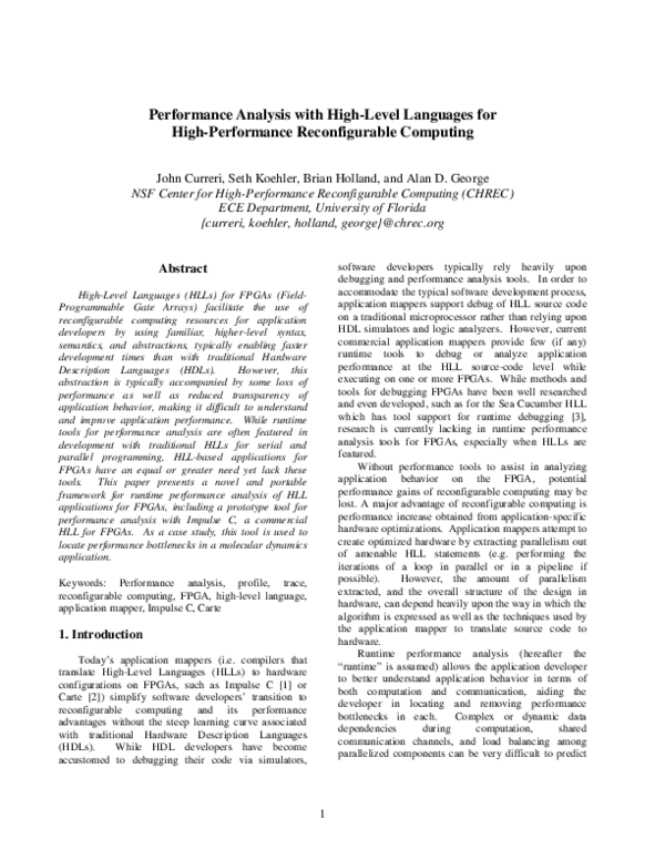 (PDF) Performance Analysis with High-Level Languages for High-Performance Reconfigurable Computing