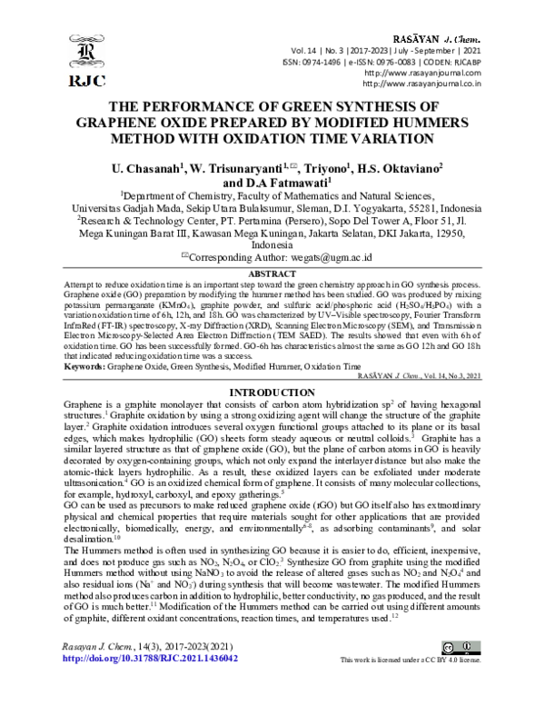 (PDF) The Performance of Green Synthesis of Graphene Oxide Prepared by Modified Hummers Method ...