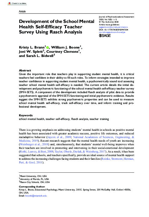 (PDF) Development of the School Mental Health Self-Efficacy Teacher Survey Using Rasch Analysis ...