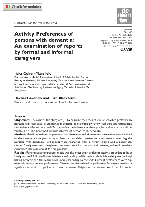 (PDF) Activity Preferences of Persons With Dementia