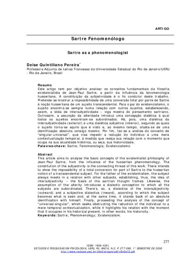 (PDF) Sartre as a phenomenologist
