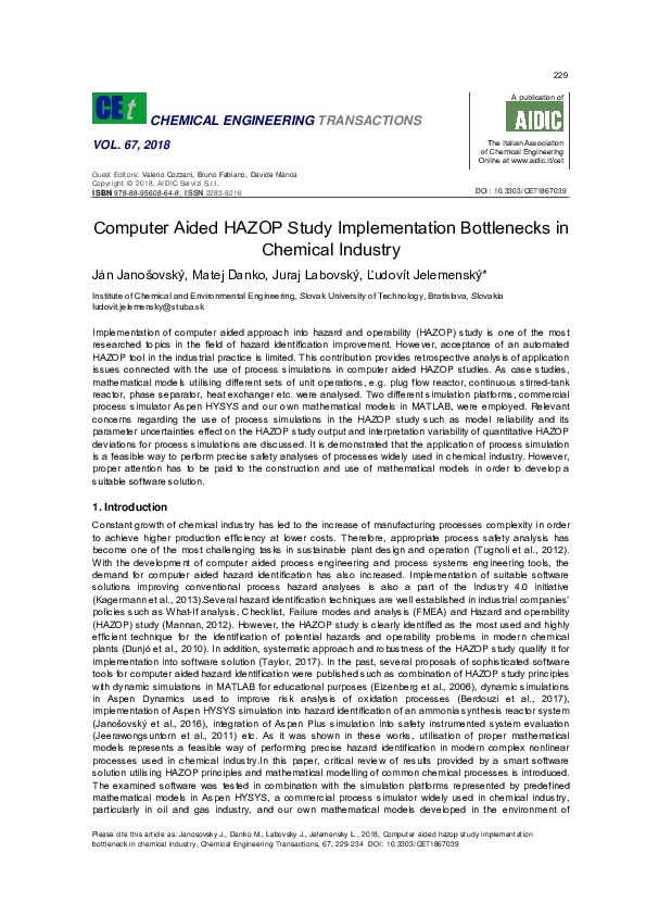 (PDF) Computer Aided HAZOP Study Implementation Bottlenecks in Chemical Industry