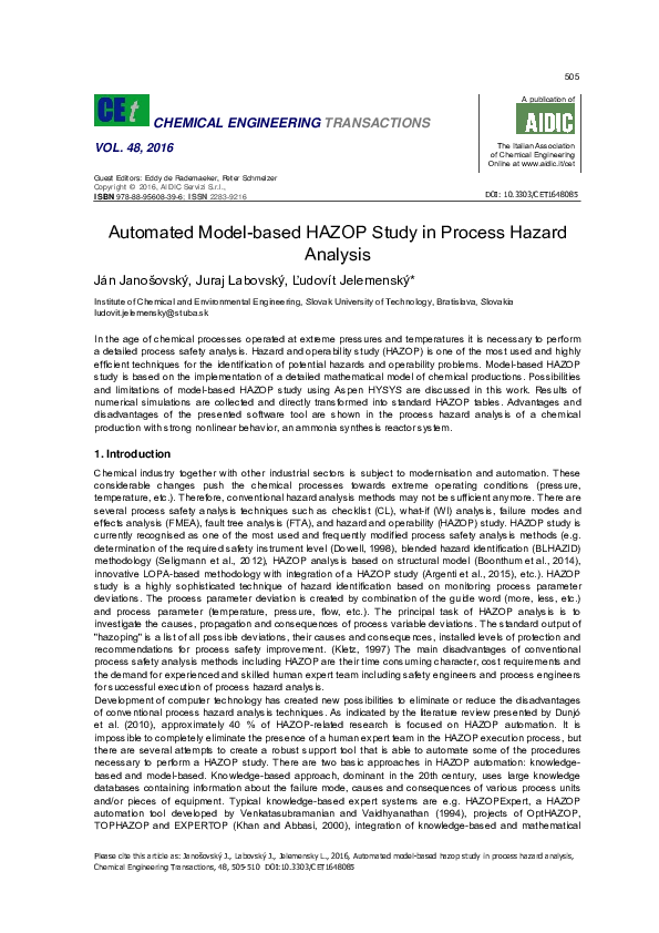 (PDF) Automated Model-based HAZOP Study in Process Hazard Analysis