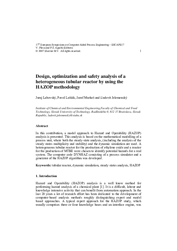 (PDF) Design, optimization and safety analysis of a heterogeneous tubular reactor by using the ...