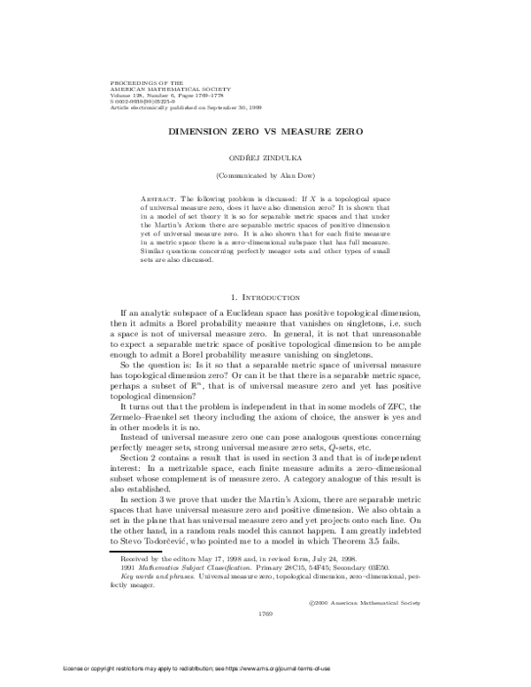 (PDF) Dimension zero vs measure zero