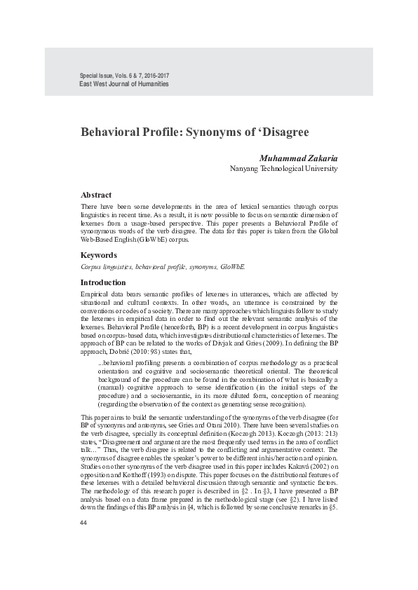 (PDF) Behavioral Profile: Synonyms of 'Disagree'