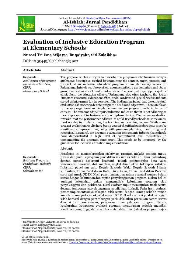 (PDF) Evaluation of Inclusive Education Program at Elementary Schools
