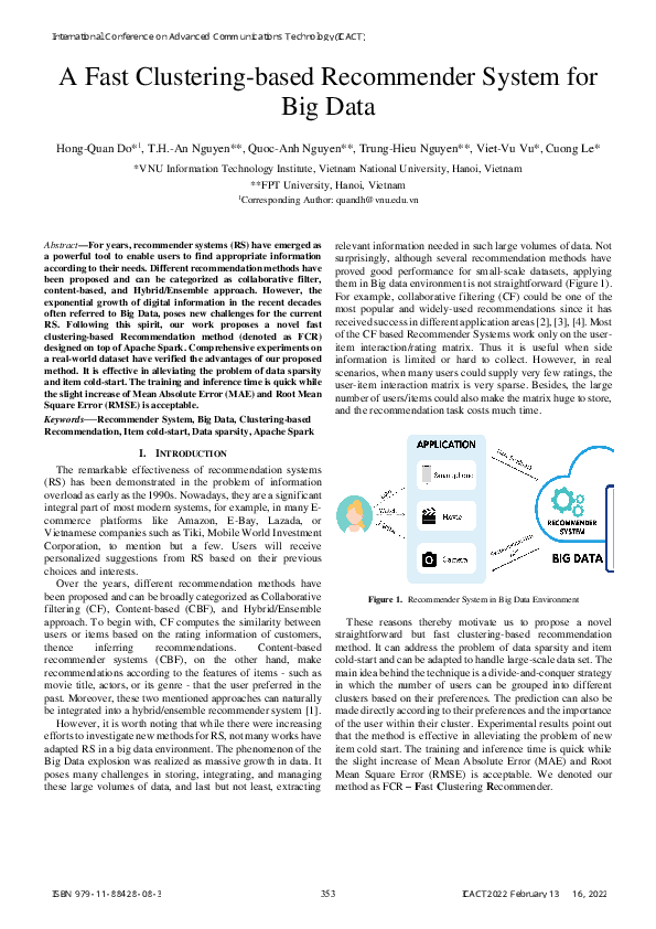 (PDF) A Fast Clustering-based Recommender System for Big Data