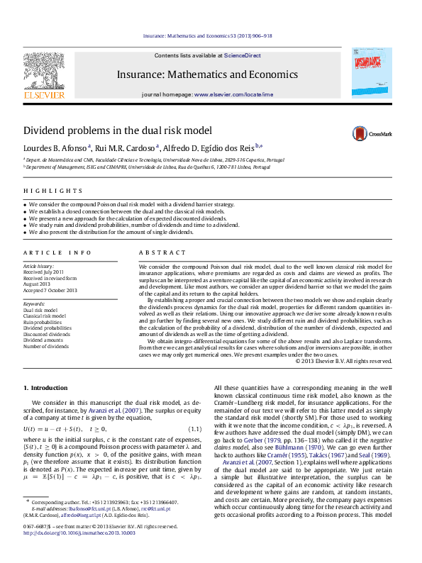 (PDF) Dividend problems in the dual risk model
