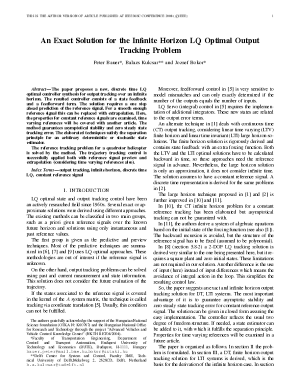 (PDF) An exact solution for the infinite horizon LQ optimal output tracking problem