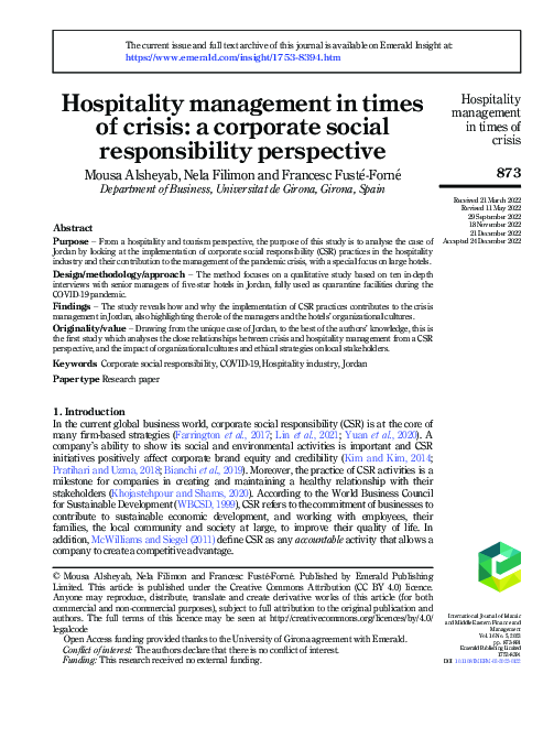 (PDF) Hospitality management in times of crisis: a corporate social ...