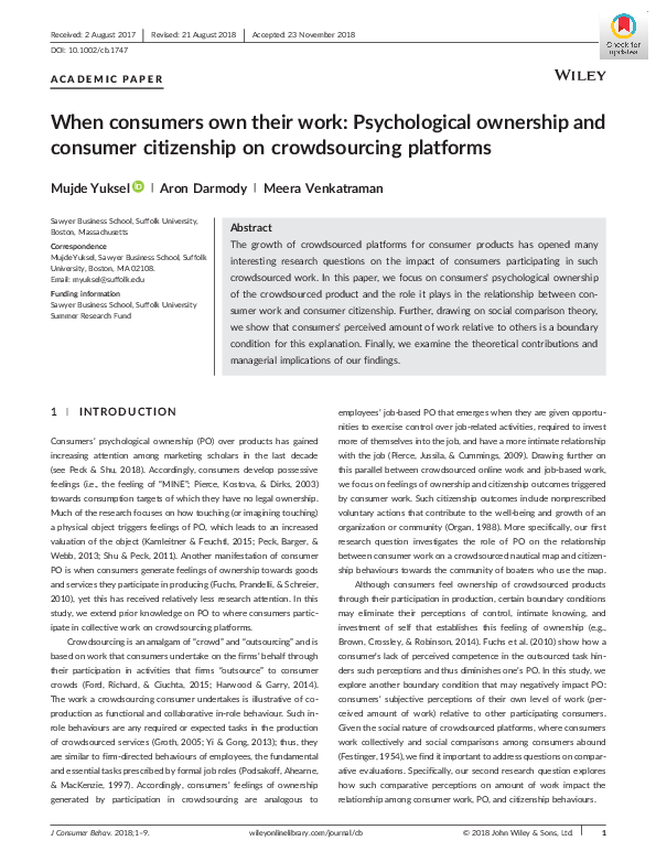 (PDF) When consumers own their work: Psychological ownership and ...