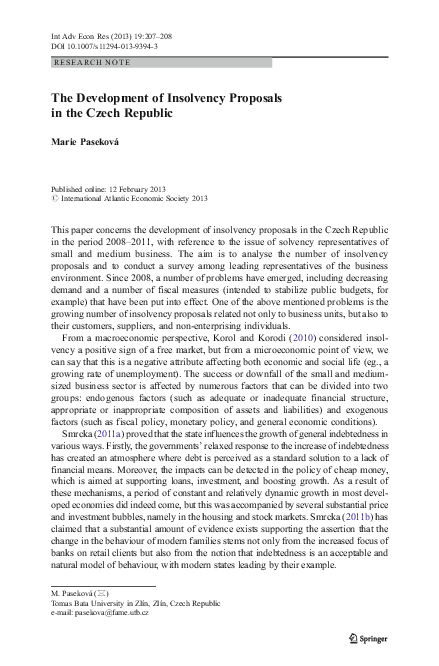 (PDF) The Development of Insolvency Proposals in the Czech Republic