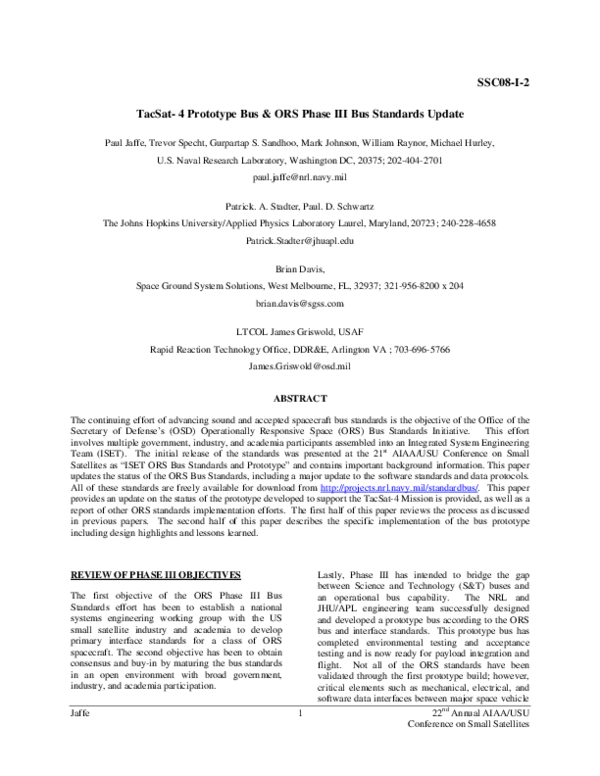 (PDF) TacSat- 4 Prototype Bus & ORS Phase III Bus Standards Update