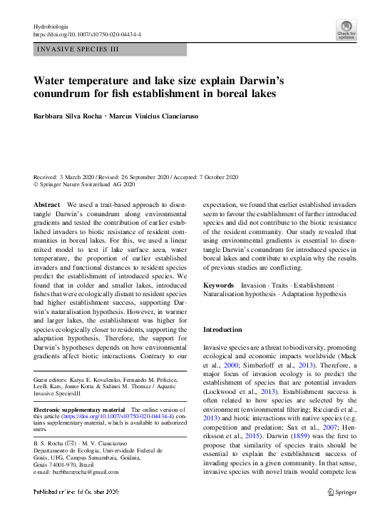(PDF) Water temperature and lake size explain Darwin’s conundrum for ...