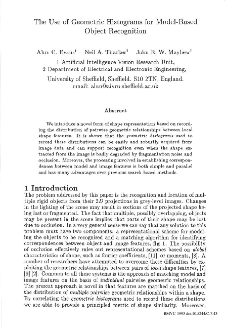(PDF) The Use of Geometric Histograms for Model-Based Object Recognition