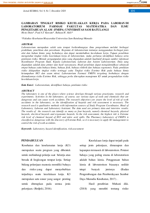 (PDF) Gambaran Tingkat Risiko Kecelakaan Kerja Pada Laboran DI ...
