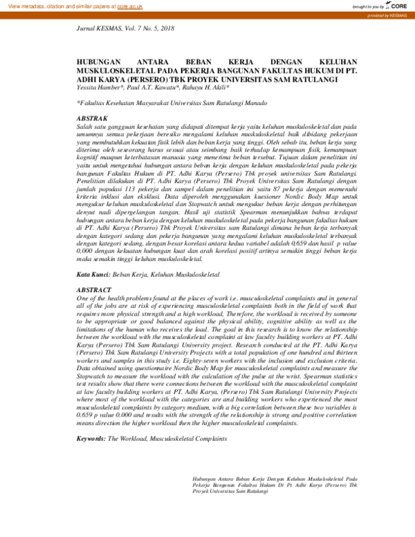 (PDF) Hubungan Antara Beban Kerja Dengan Keluhan Muskuloskeletal Pada Pekerja Bangunan Fakultas ...