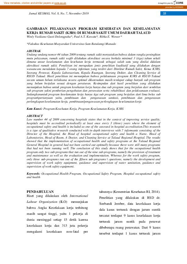 (PDF) Gambaran Pelaksanaan Program Kesehatan Dan Keselamatan Kerja ...