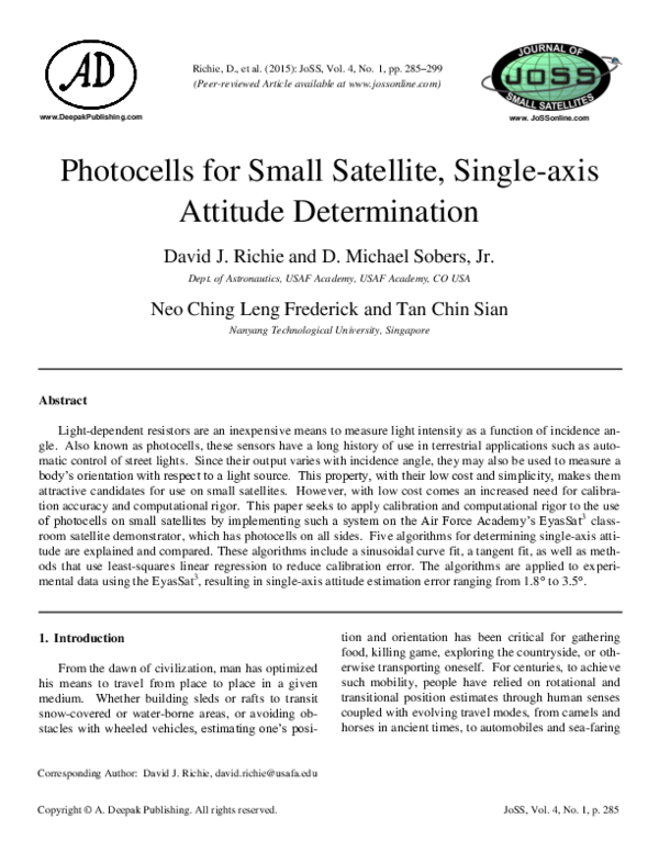 (PDF) Photocells for Small Satellite, Single-axis Attitude ...