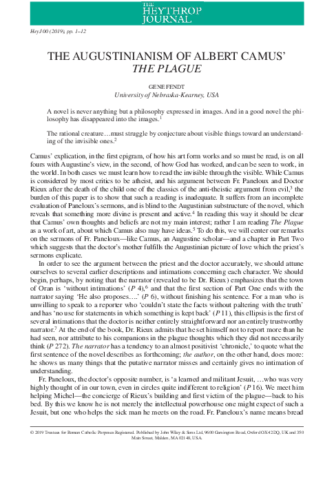 (PDF) The Augustinianism of Albert Camus' The Plague