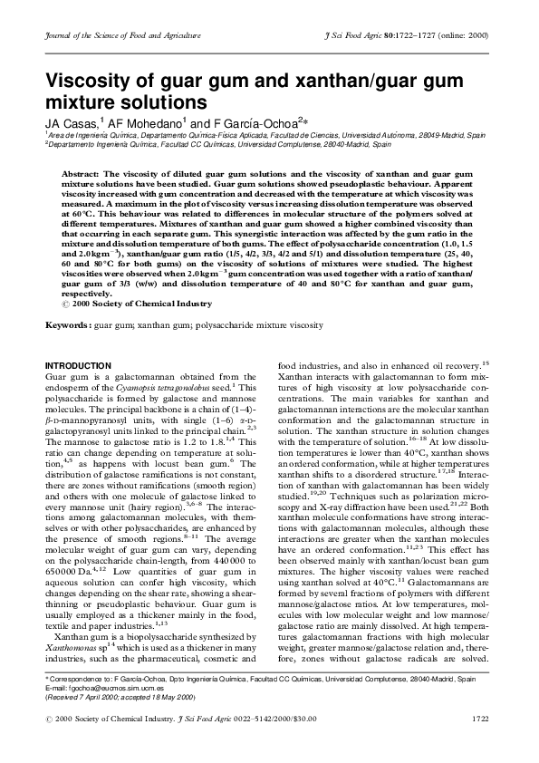(PDF) Viscosity of guar gum and xanthan/guar gum mixture solutions