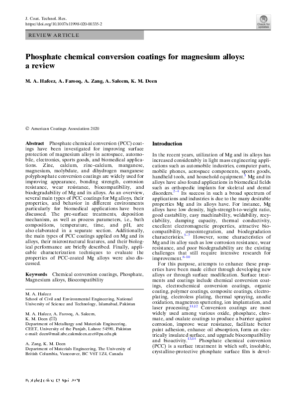 (PDF) Phosphate chemical conversion coatings for magnesium alloys: a review