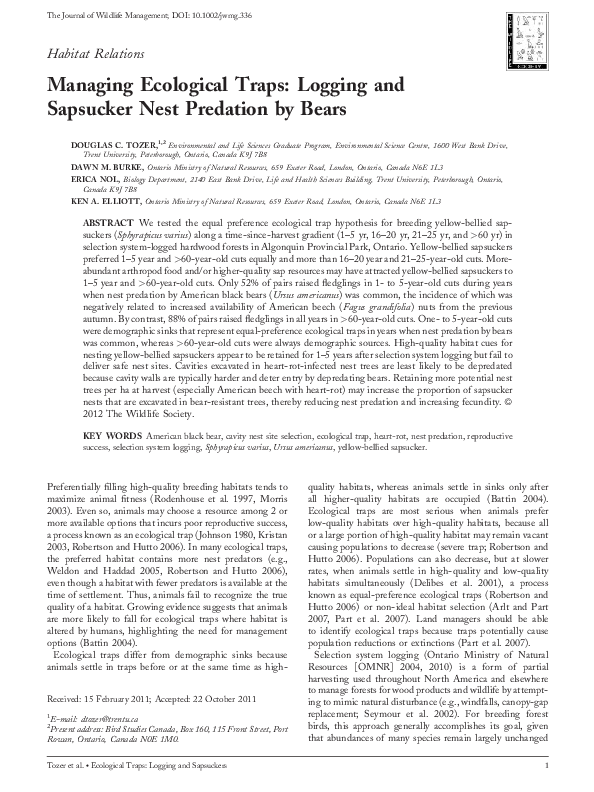 (PDF) Managing ecological traps: Logging and sapsucker nest predation ...