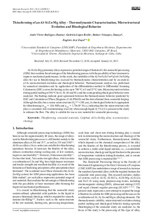(PDF) Thixoforming of an Al-Si-Zn-Mg Alloy - Thermodynamic Characterization, Microstructural ...