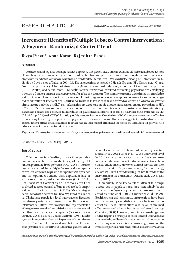 (PDF) Incremental Benefits of Multiple Tobacco Control Interventions: A ...