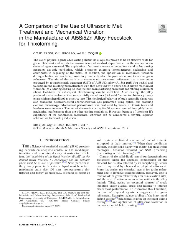 (PDF) A Comparison of the Use of Ultrasonic Melt Treatment and Mechanical Vibration in the ...