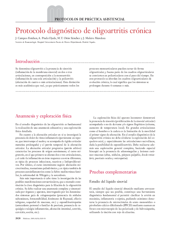 (PDF) Protocolo diagnóstico de oligoartritis crónica | jose campos - Academia.edu