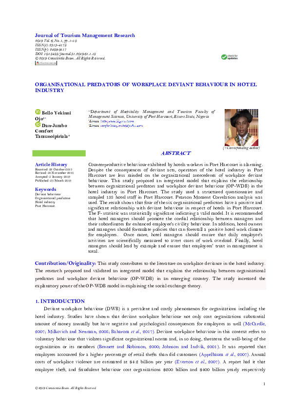 (PDF) Organisational Predators of Workplace Deviant Behaviour in Hotel ...