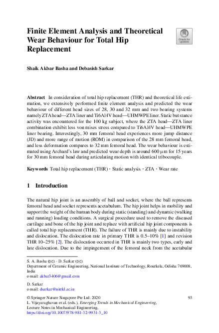 (PDF) Finite Element Analysis and Theoretical Wear Behaviour for Total Hip Replacement