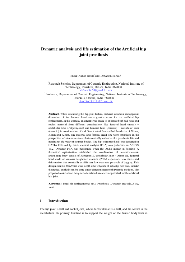 Pdf Dynamic Analysis And Life Estimation Of The Artificial Hip Joint Prosthesis Shaik Ameer