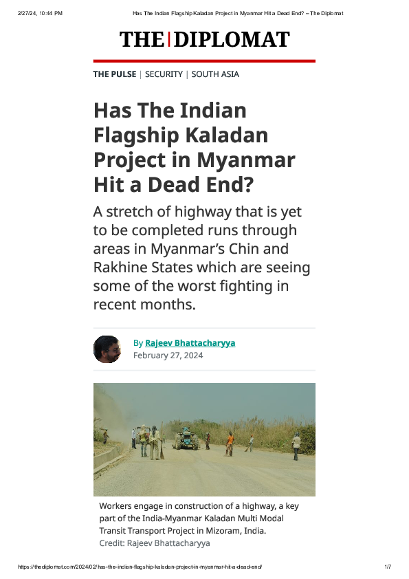 (PDF) Has The Indian Flagship Kaladan Project in Myanmar Hit a Dead End?