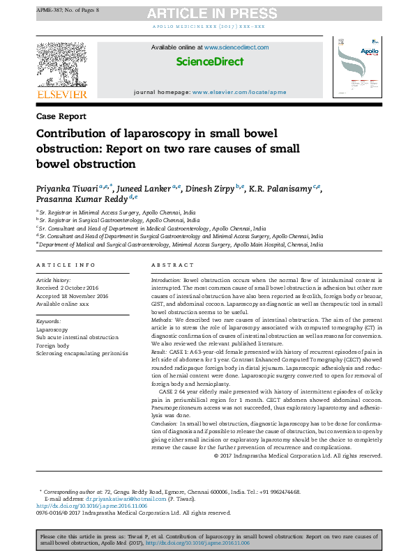 (PDF) Contribution of laparoscopy in small bowel obstruction: Report on ...