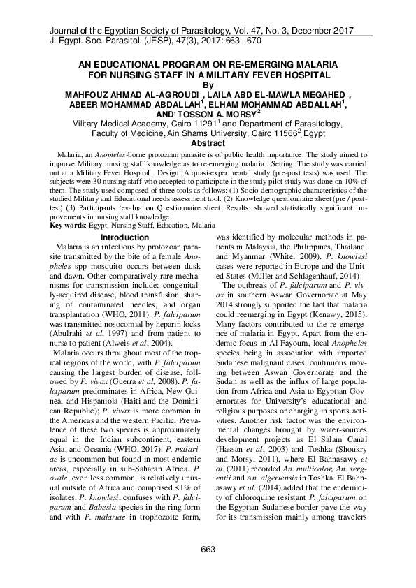 (PDF) An Educational Program on Re-Emerging Malaria for Nursing Staff ...