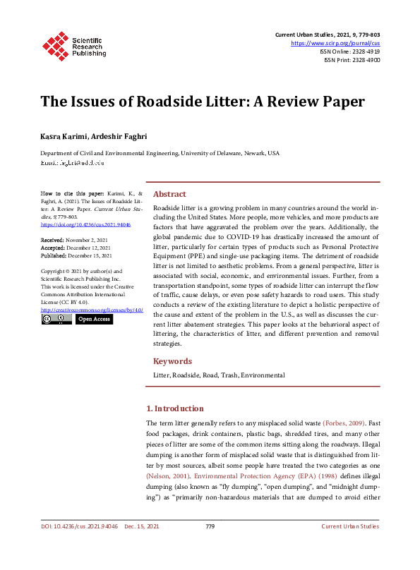(PDF) The Issues of Roadside Litter: A Review Paper