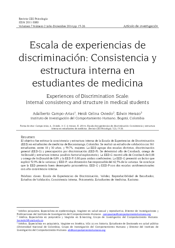 (PDF) Experiences of Discrimination Scale: Internal consistency and ...