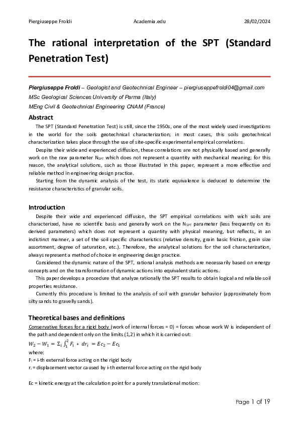 (PDF) The rational interpretation of the SPT (Standard Penetration Test)